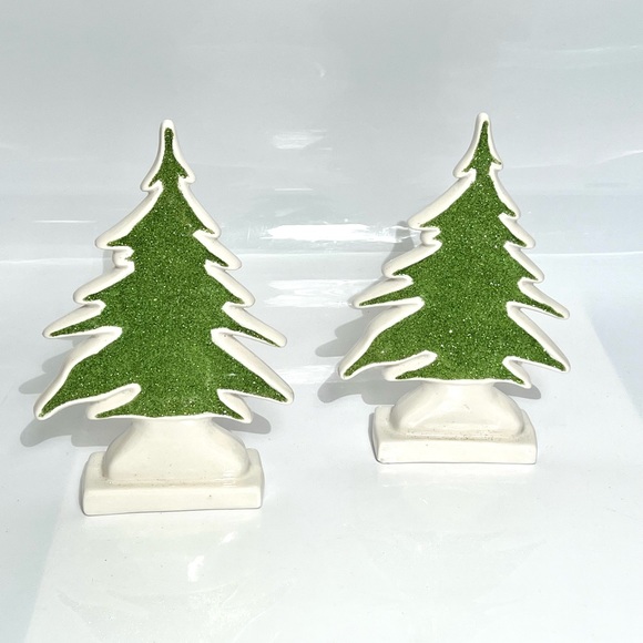 Holiday | Green Glitter White Ceramic Trees Decor Set Of 2 | Poshmark